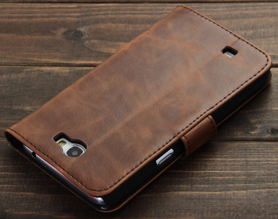 Brown Leather Wallet Case With Id Card Slot For Samsung Galaxy Note 2
